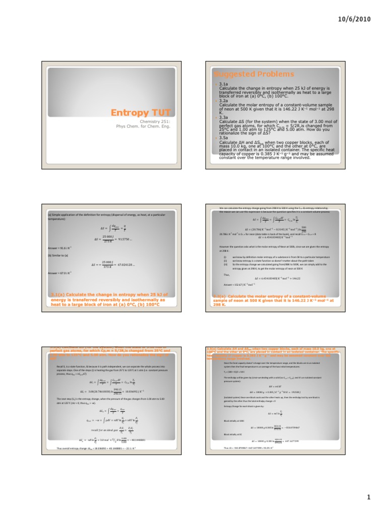 Entropy Tutorial Solutions Pdf Entropy Mole Unit