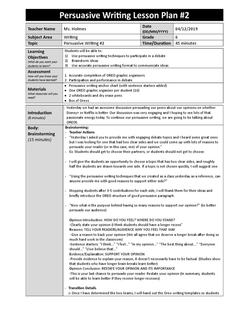 Persuasive Writing Lesson Plan 2 | PDF | Brainstorming | Lesson Plan