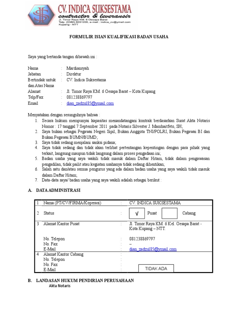 Formulir Isian Kulifikasi Cv. Indica | PDF
