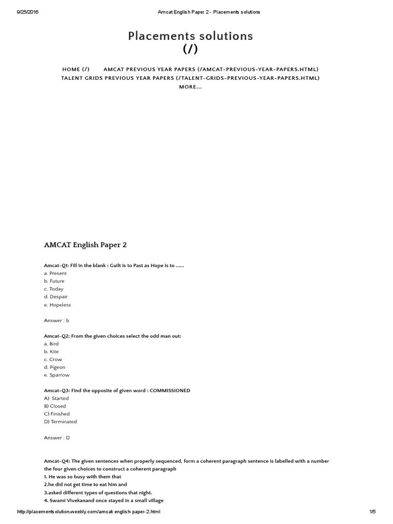 Amcat English Paper 2 Placements Solutions PDF | PDF | Foods