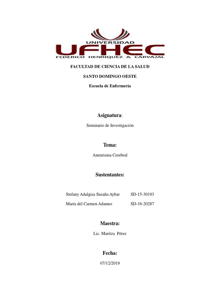Aneurisma Cerebral, MARIA ADAMES | PDF | Angiología | Especialidades ...