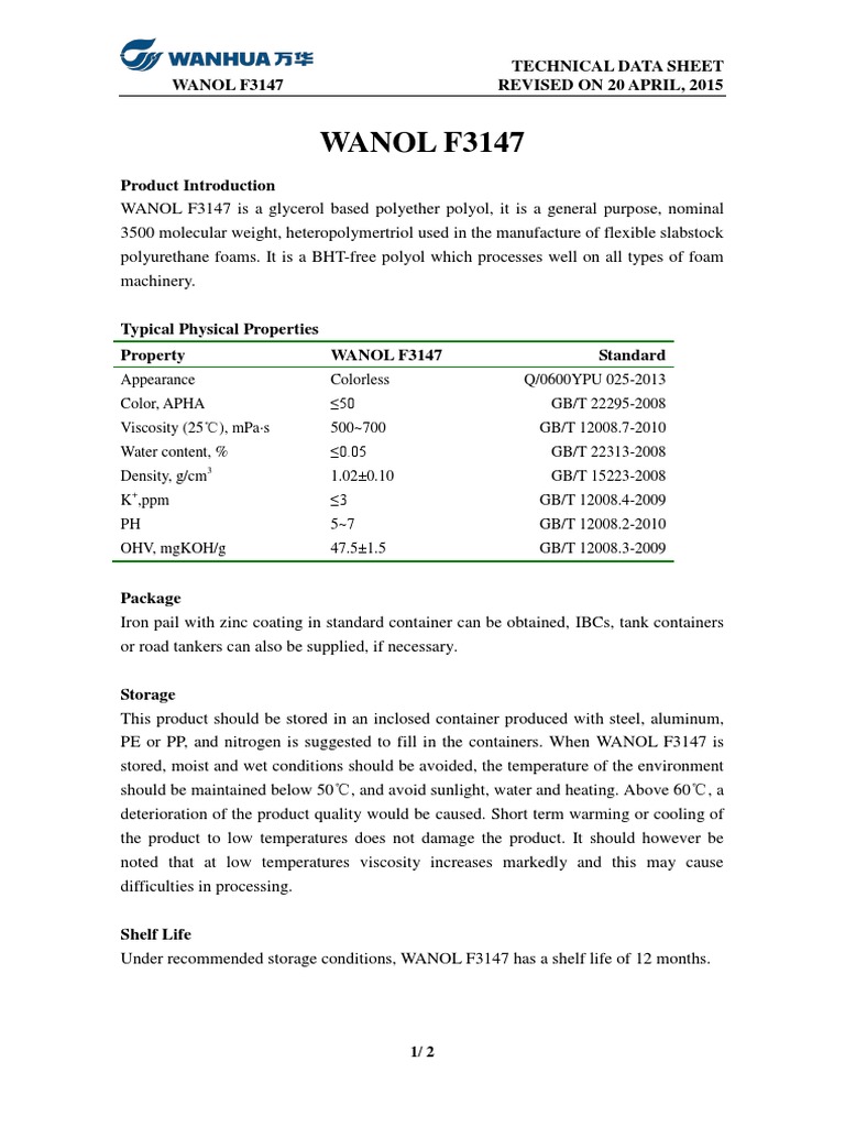 WANOL F3147 Product Data Sheet | PDF | Water | Materials