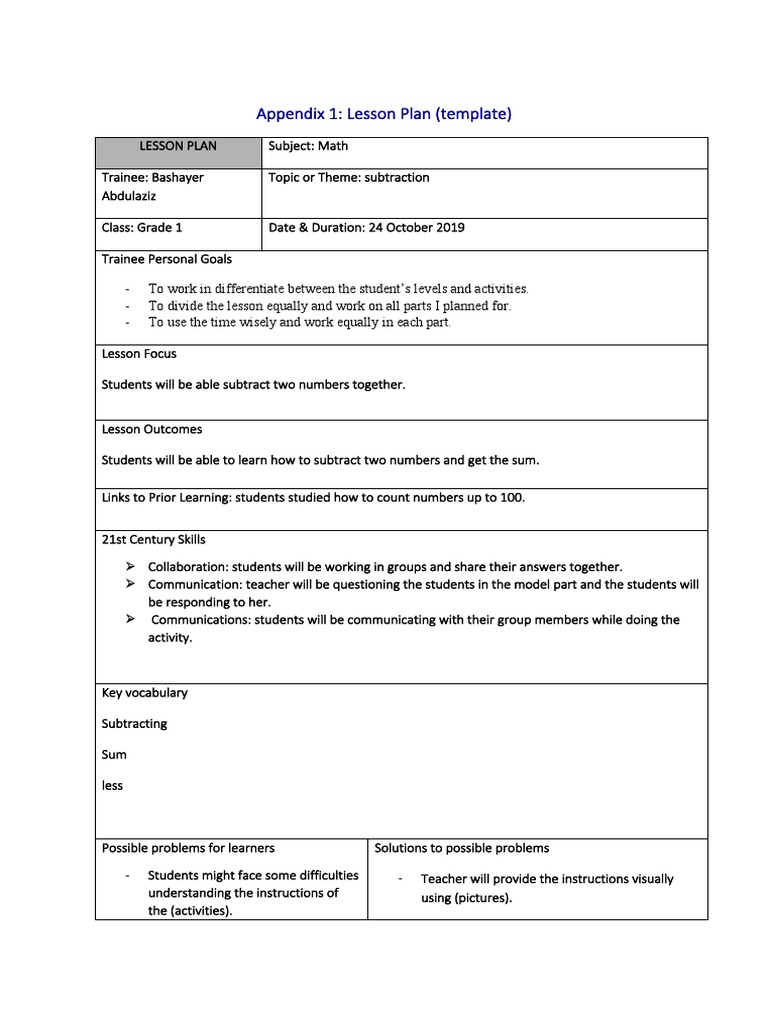 Subtraction Lesson Plan | PDF | Lesson Plan | Learning
