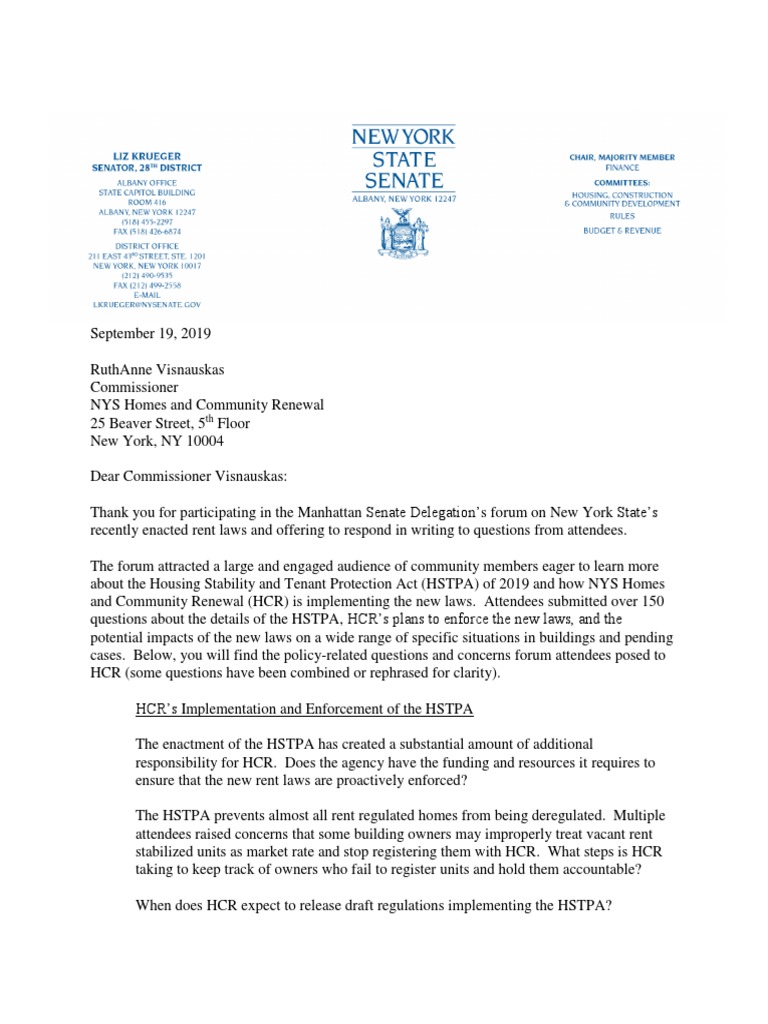 Letter To HCR Commissioner 9-19-19 | PDF | Leasehold Estate | Renting
