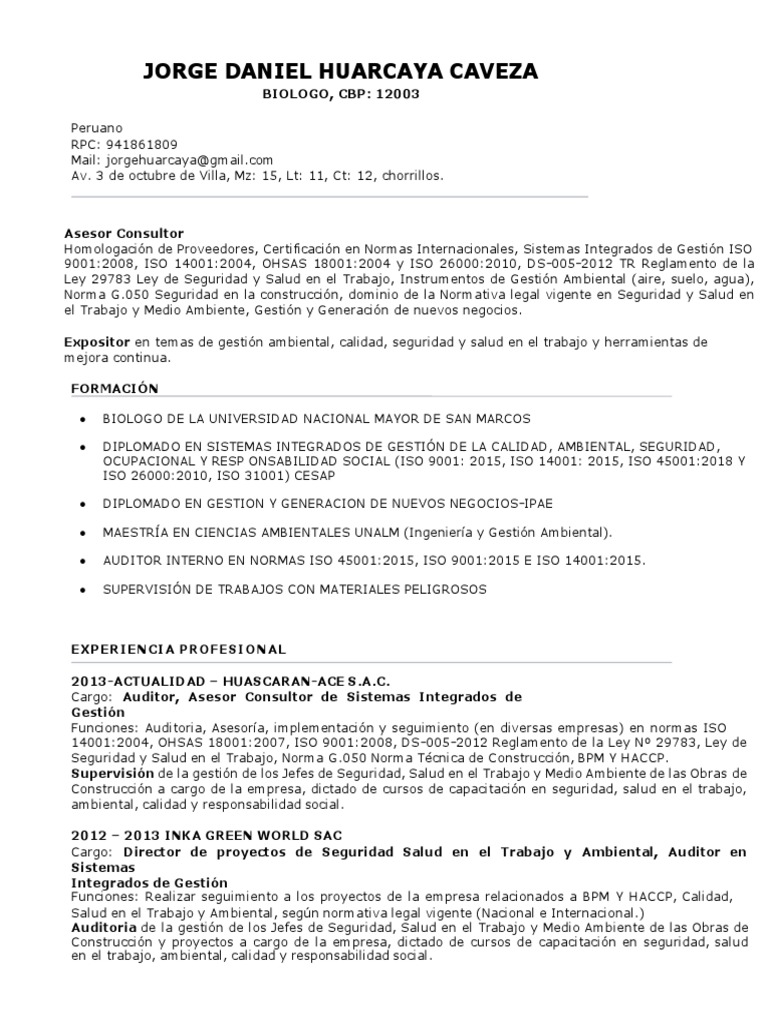 CV. Jorge Huarcaya PDF | PDF | Análisis de Riesgo y Puntos Críticos de Control | Bienestar