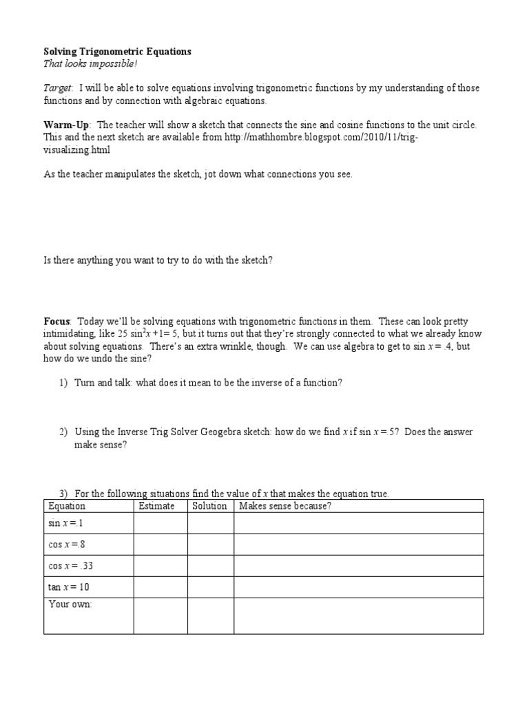 Solving Trig Equations | PDF | Trigonometric Functions | Elementary ...