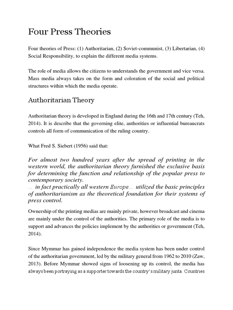 Four Press Theories | PDF | Freedom Of The Press | Authoritarianism