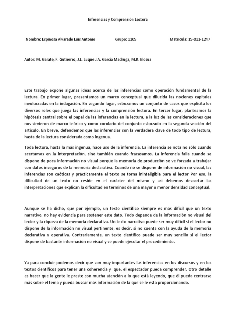 Inferencias Y Comprensión Lectora Pdf Memoria Comprensión Lectora