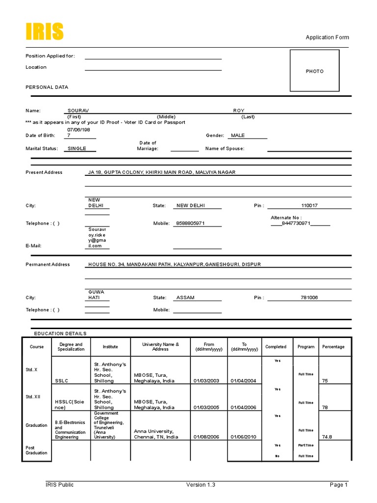 IRIS Application Form | PDF | Travel Visa | Employment