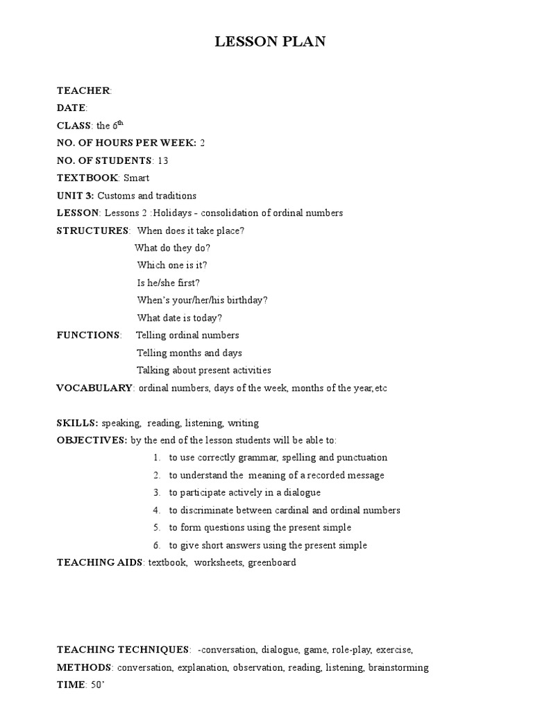 Ordinal Numbers Plan | PDF | Lesson Plan | Teachers