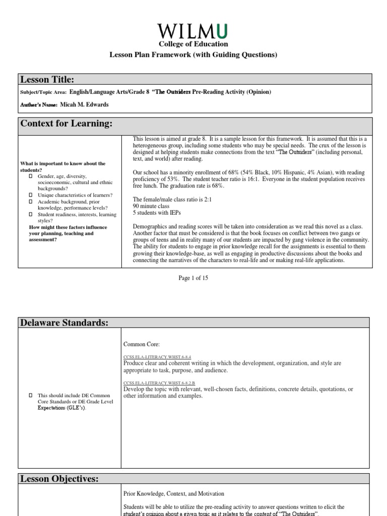 Grade 8 ELA Lesson: "The Outsiders" Pre-Reading Activity | PDF ...