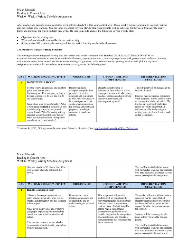 Weekly Writing Schedule for The Outsiders | PDF | Essays | Teachers