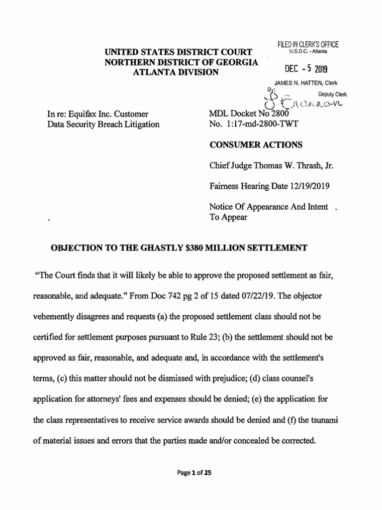 Christopher Andrews Equifax Data Breach Class Action Objection | PDF ...