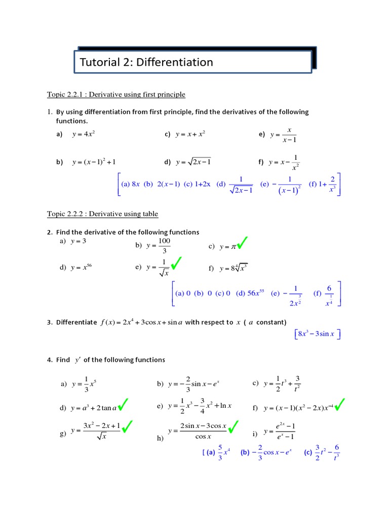 Tutorial - Chapter 2 - Differentiation | PDF | Derivative | Subtraction