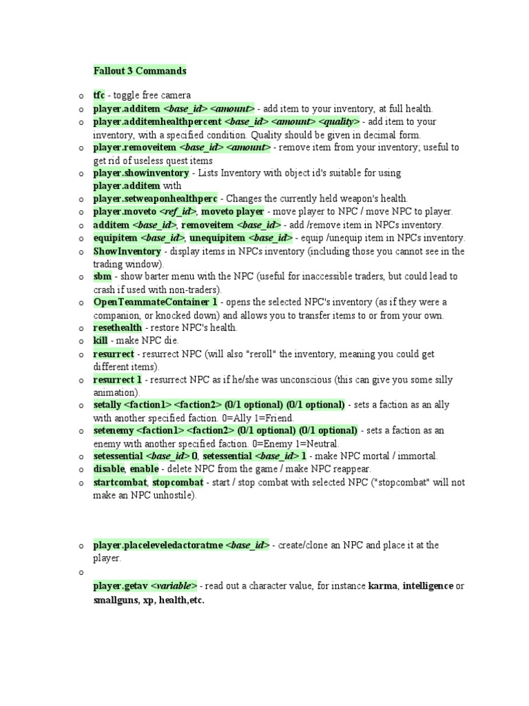 Fallout 3 and New Vegas Console Commands | PDF