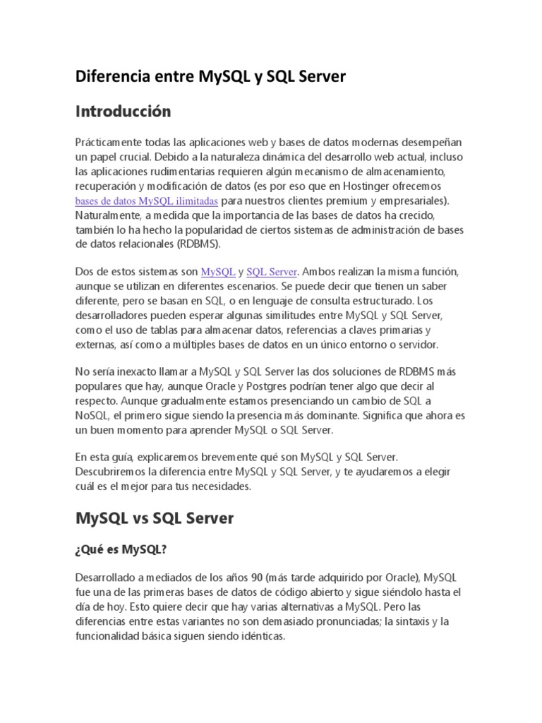 Diferencia Entre MySQL y SQL Server PDF | PDF | Mi sql | Servidor SQL ...