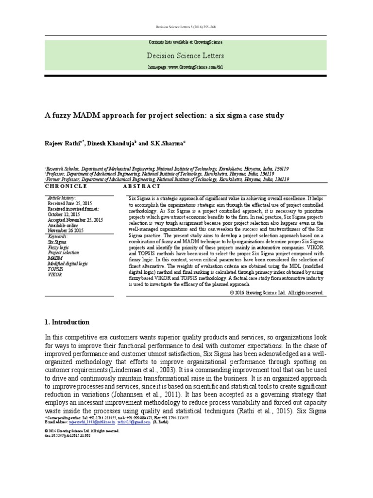 A Fuzzy MADM Approach For Project Selection: A Six Sigma Case Study PDF ...