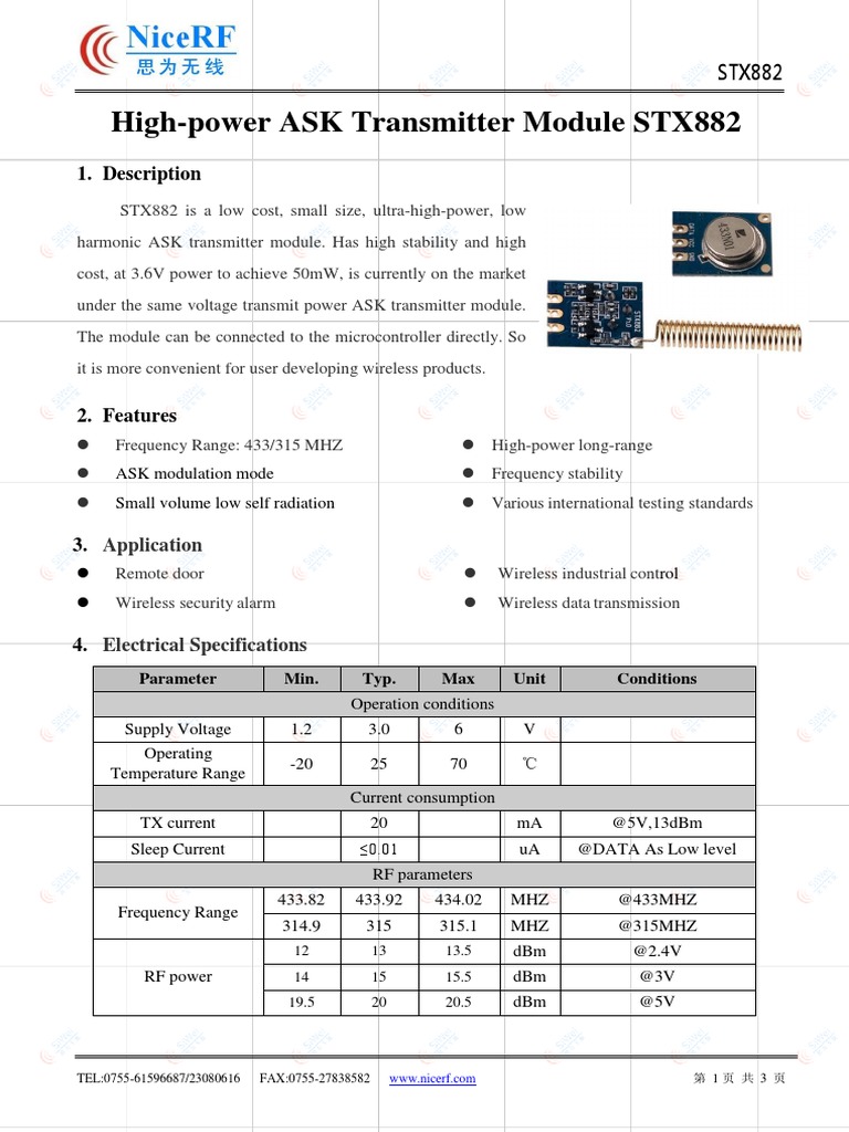 STX882 Datasheet | PDF | Transmitter | Radio