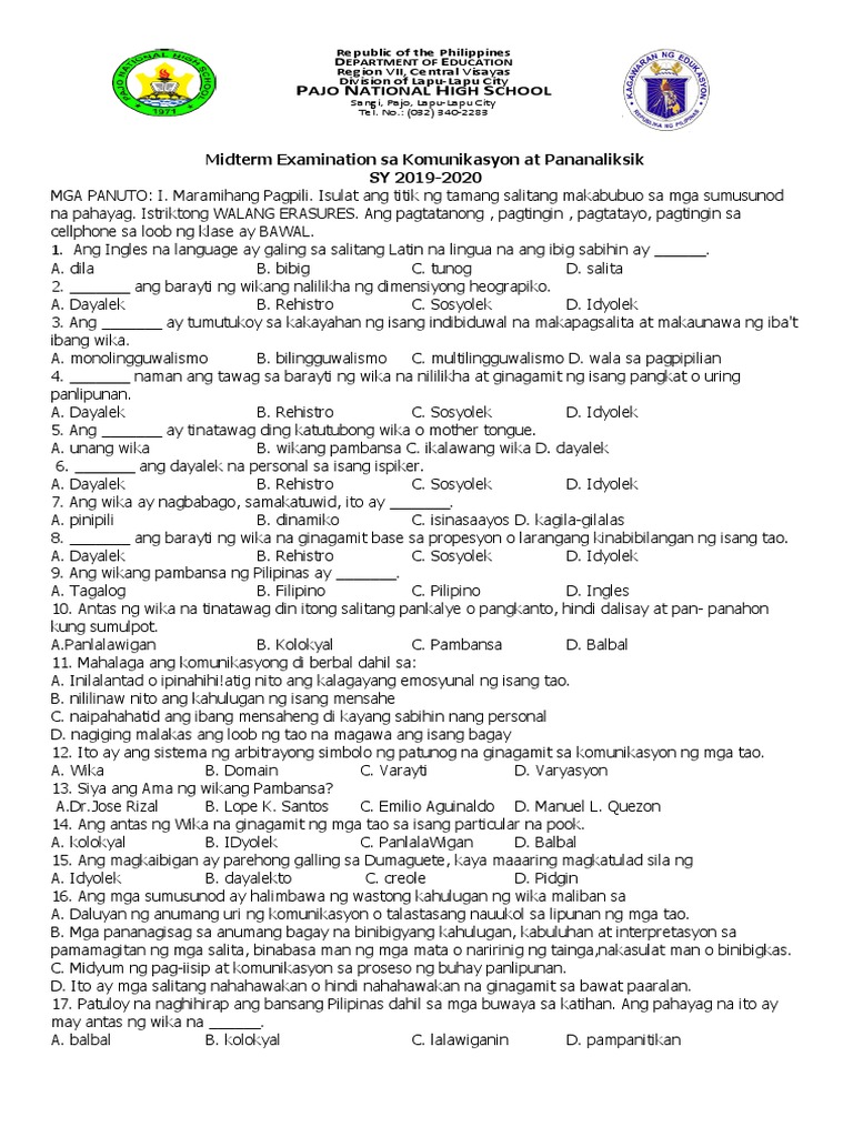 Midterm Exam in Komunikasyon | PDF