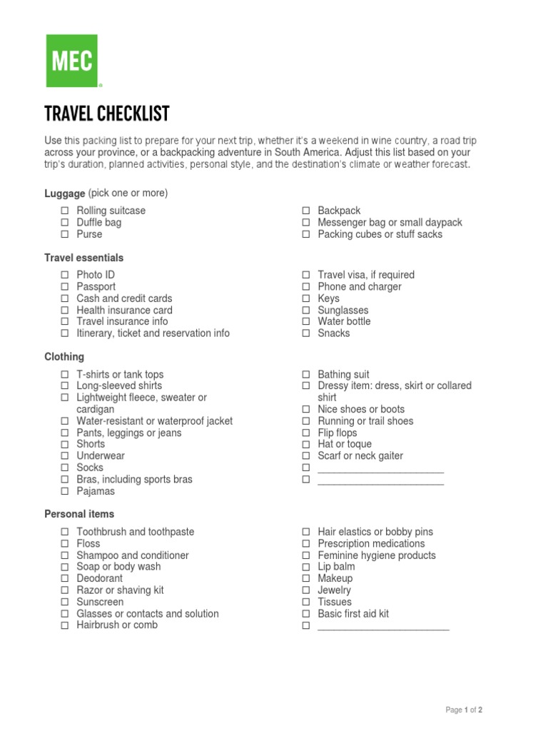 MEC Travel Packing Checklist English PDF | PDF | Consumer Goods | Fashion