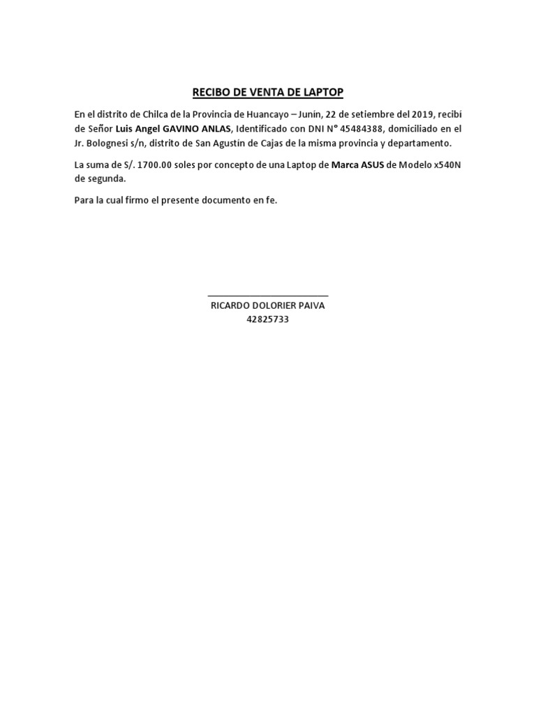 Recibo de Venta de Laptop | PDF