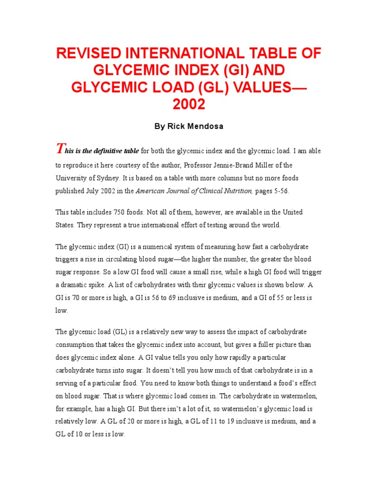 Revised International Table of Glycemic Index (Gi) and Glycemic Load ...