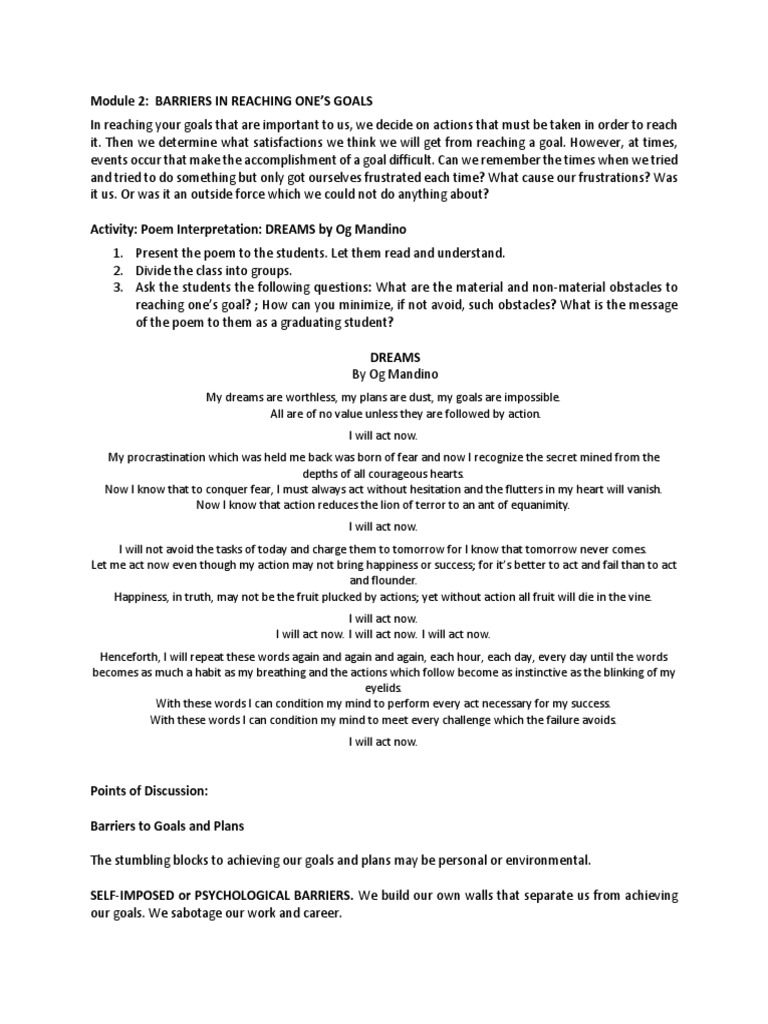 Module 2. BARRIERS IN REACHING ONES GOAL | PDF | Mind | Disability
