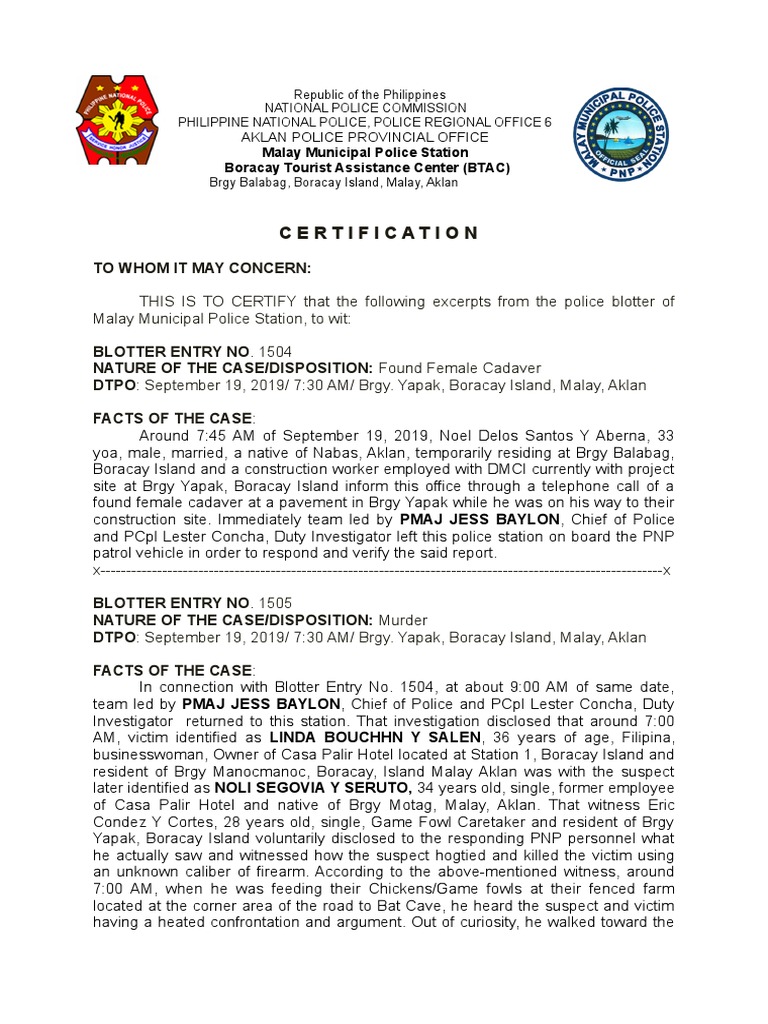 Blotter Certification - Legal Counseling | PDF | Police | Criminal Justice