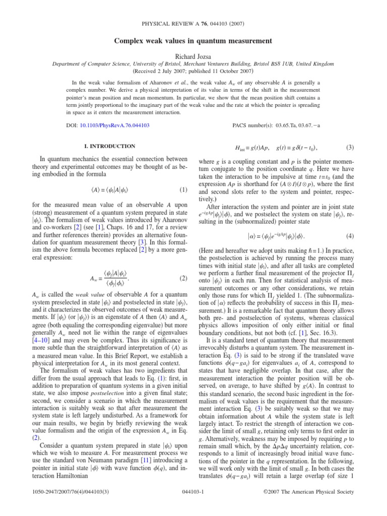 Complex Weak Values in Quantum Measurement | PDF | Quantum Mechanics | Complex Number