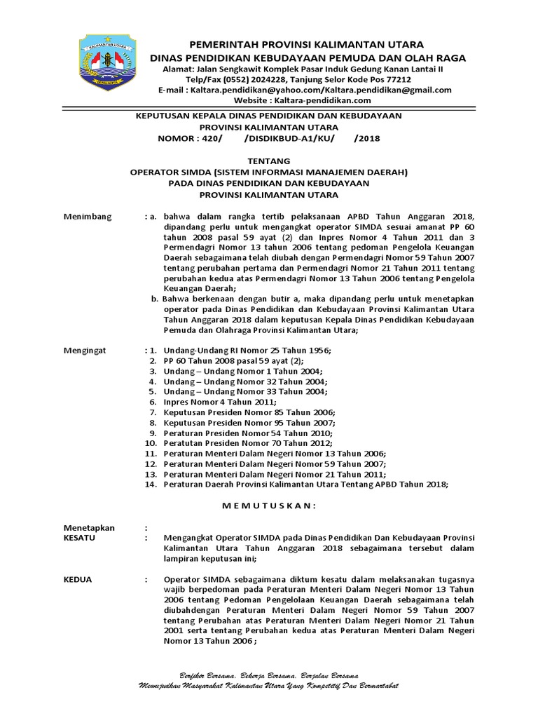 Penetapan Operator SIMDA Kaltara 2018 | PDF