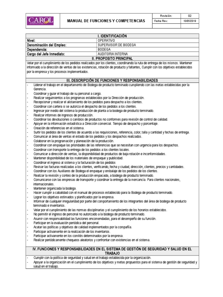 Perfil Supervisor de Bodega | PDF | Calidad (comercial) | Business