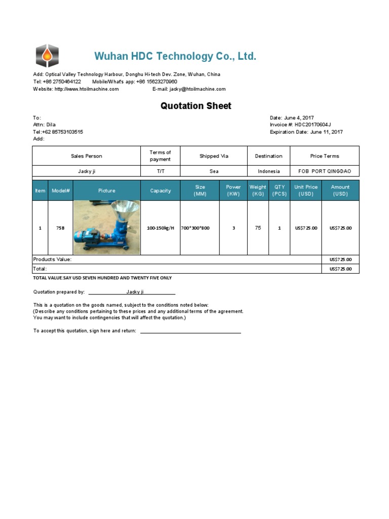 Quotation of Chicken Feed Pellet Machine PDF | PDF | Business