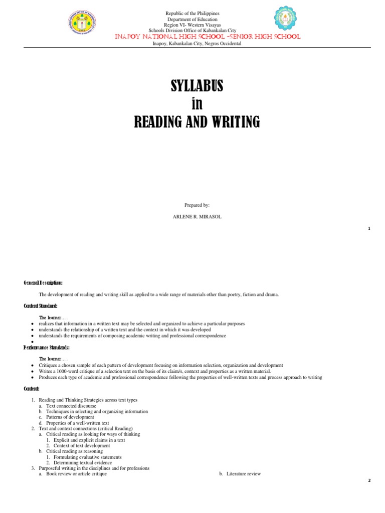 Syllabus in Reading and Writing | PDF | Brainstorming | Causality