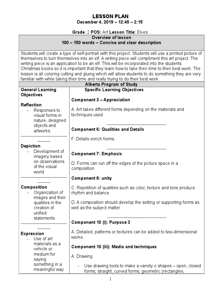 Elf Project Lesson Plan Dec 4 | PDF | Composition (Visual Arts) | Shape
