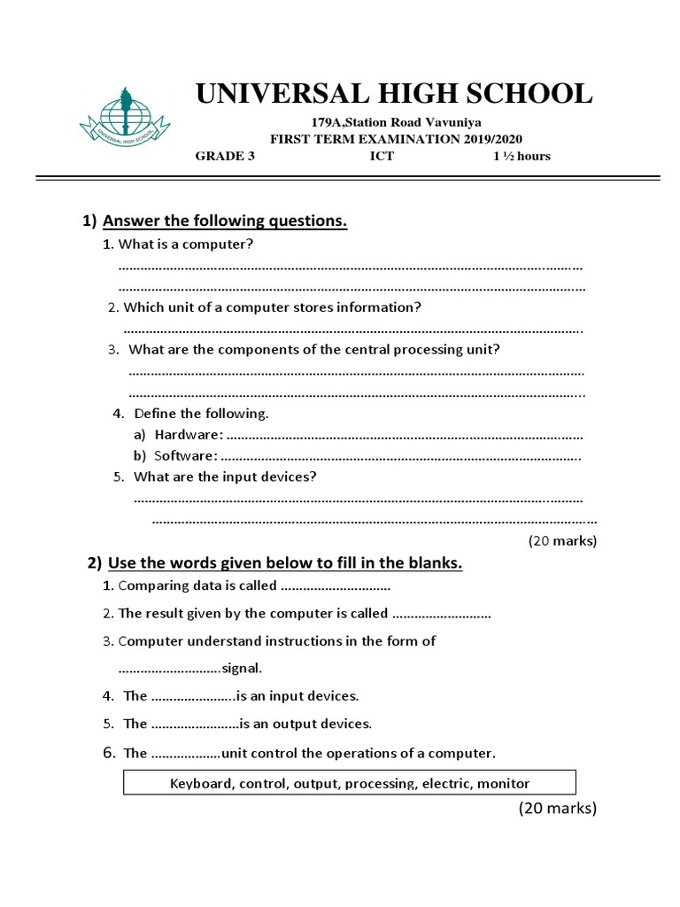 Universal High School Grade 3 ICT Exam 2019/2020 | PDF | Input/Output ...