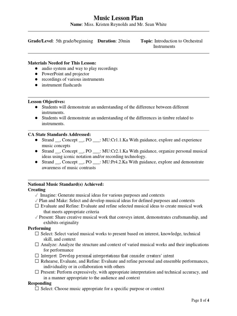 Music Lesson Plan No. 2 | PDF | Musical Instruments | Pedagogy