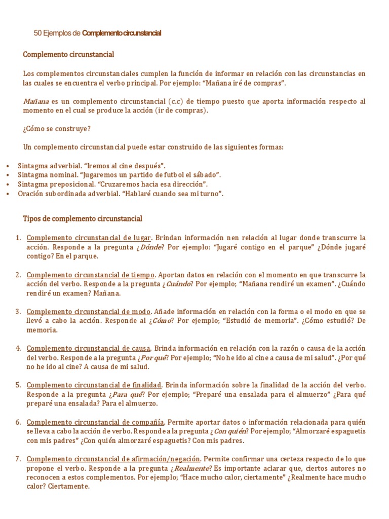 50 Ejemplos de Complemento Circunstancial | PDF | Adverbio | Sintaxis