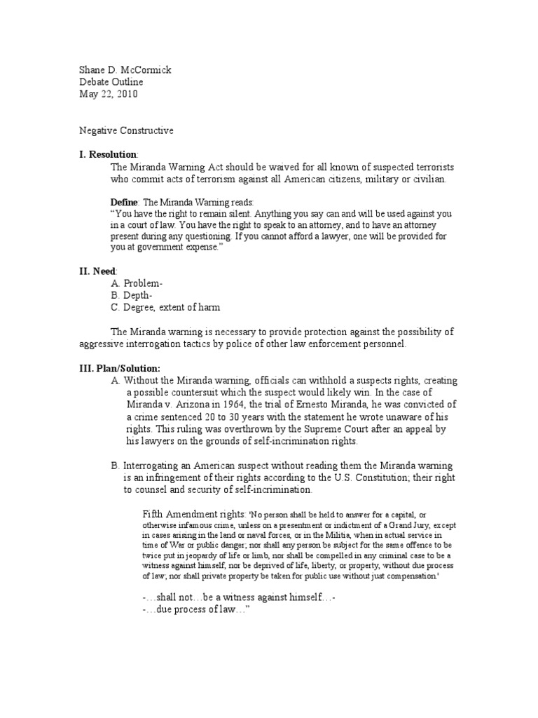 Debate - Miranda Warning Rights | PDF | Miranda Warning | Self ...