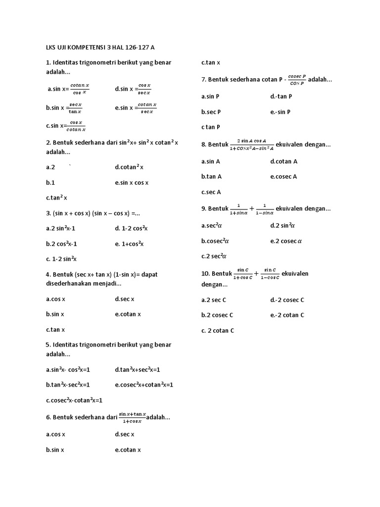 Lks Uji Kompetensi 3 Hal 126 A MTK.W | PDF