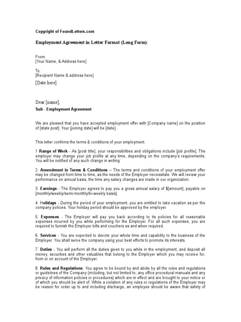 Sample Employment Agreement in Letter Format Long Form Letter in Word ...