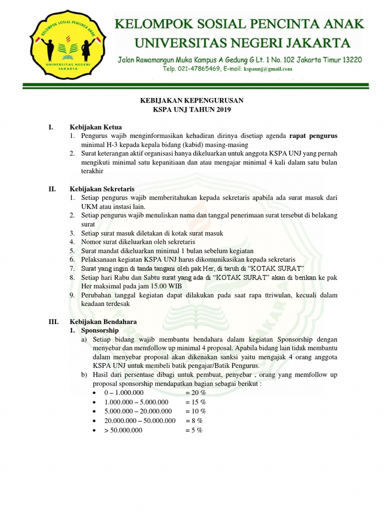 Kebijakan Kepengurusan KSPA UNJ 2019 | PDF