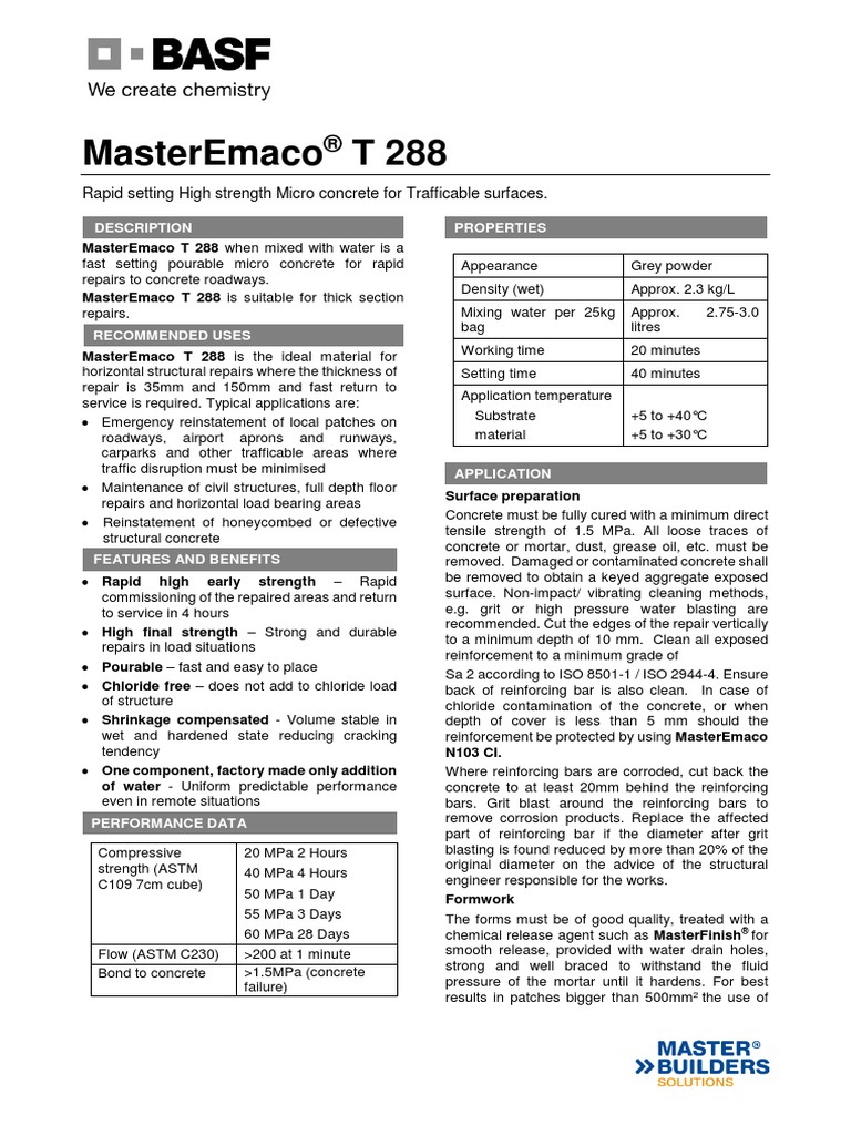 Basf Masteremaco t288 Tds | PDF | Concrete | Corrosion