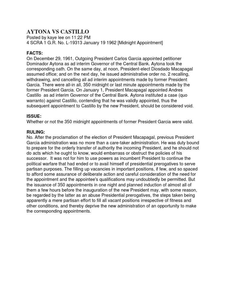 H9. Aytona Vs Castillo 4 SCRA 1 | PDF | Politics | Law