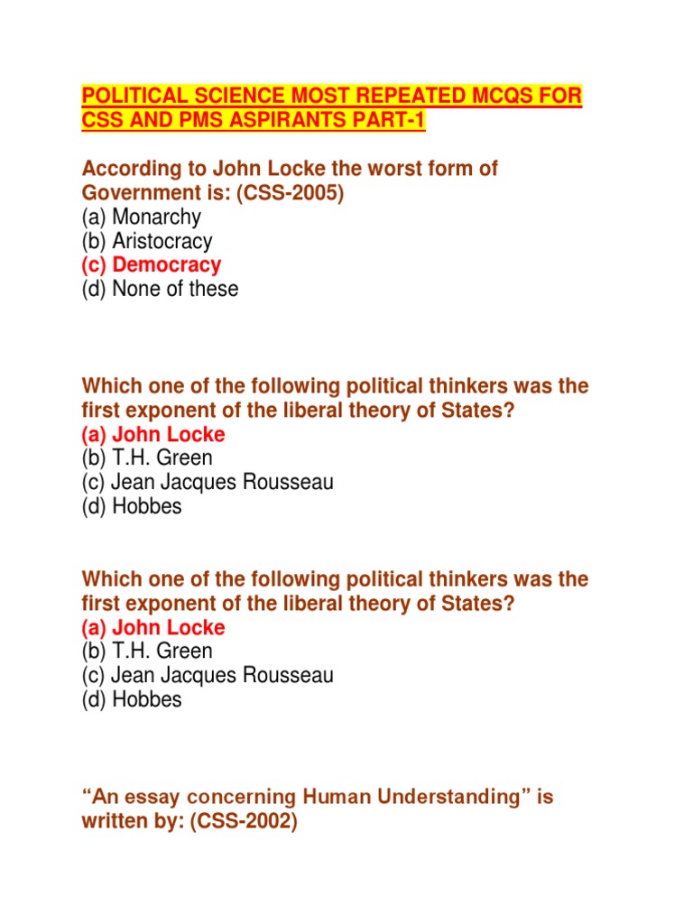 Political Science Repeated Mcqs | PDF | John Locke | Political Philosophy