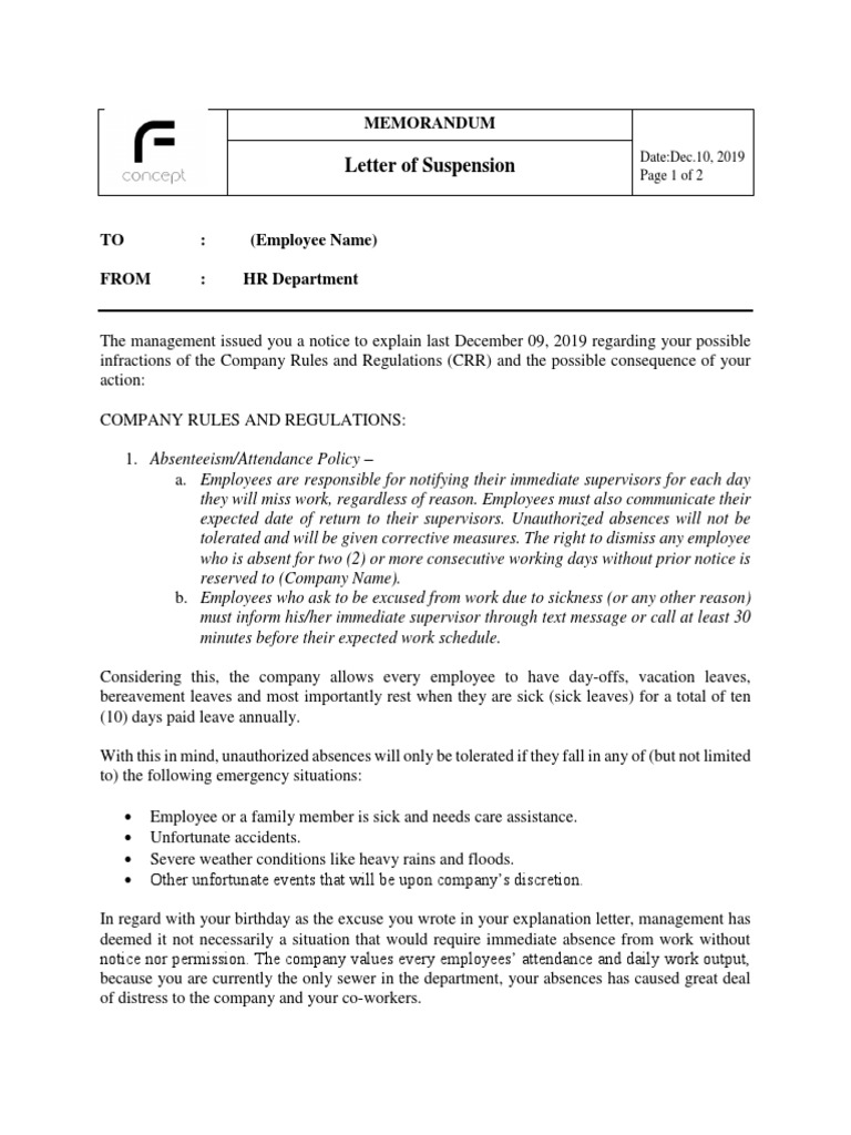 Employee Suspension Notice for Absenteeism | PDF | Government ...