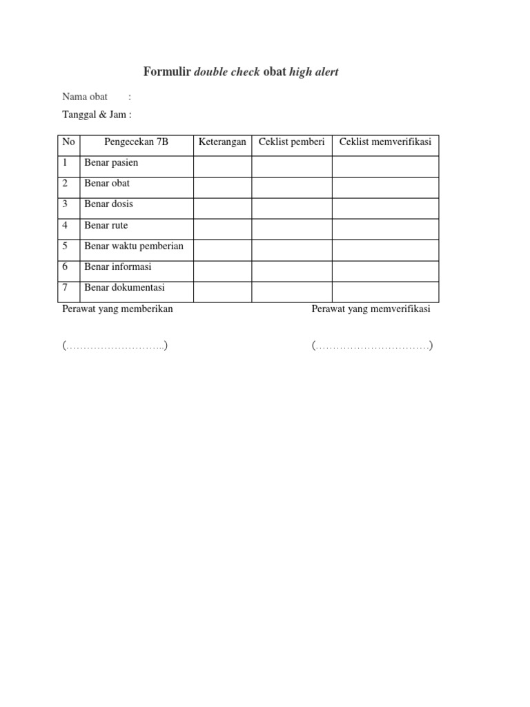 Formulir Double Check Obat High Alert | PDF