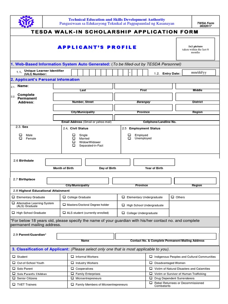 Tesda Scholarship Form PDF | PDF | Employment | Learning