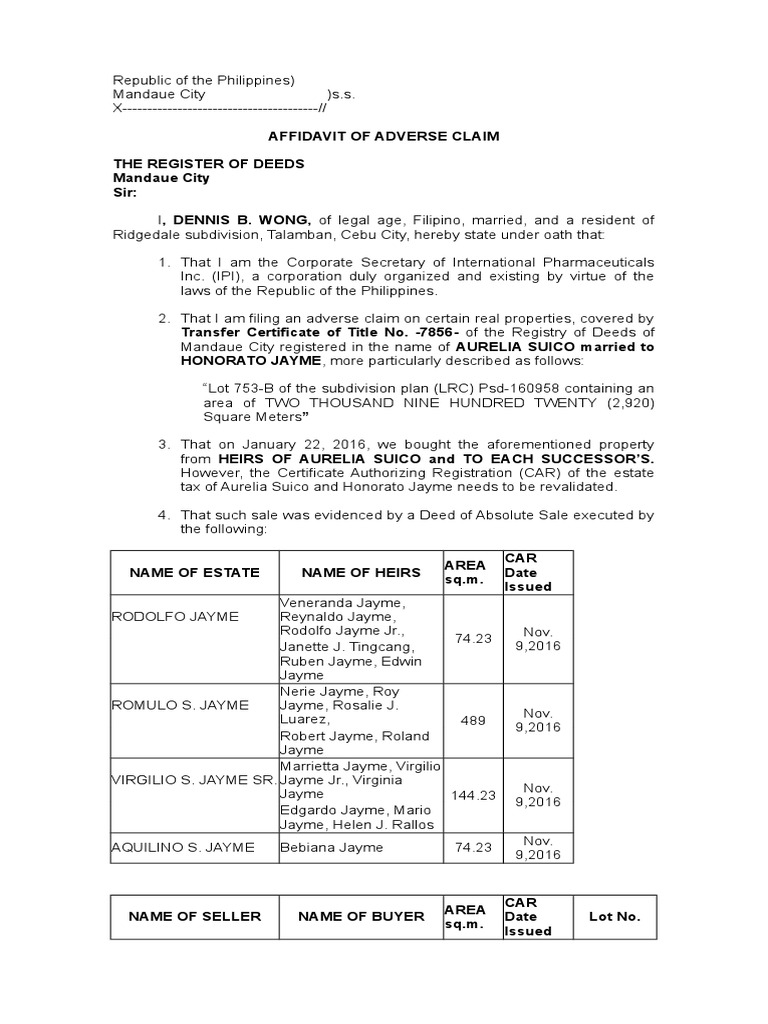 Affidavit of Adverse Claim Naring2 | PDF | Civil Law (Common Law) | Urban