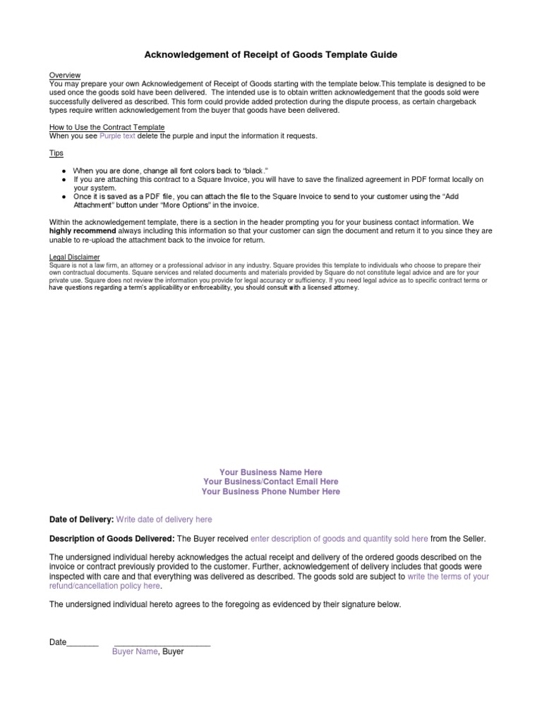 Template Acknowledgement of Receipt of Goods | PDF | Invoice | Receipt