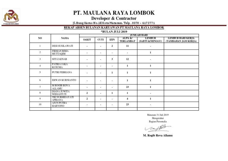 Contoh Rekap Absensi Bulanan | PDF